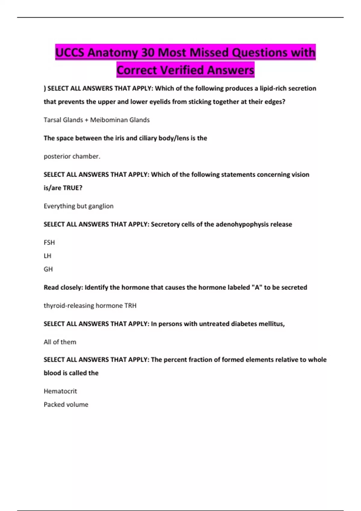 UCCS Anatomy 30 Most Missed Questions with Correct Verified Answers ...