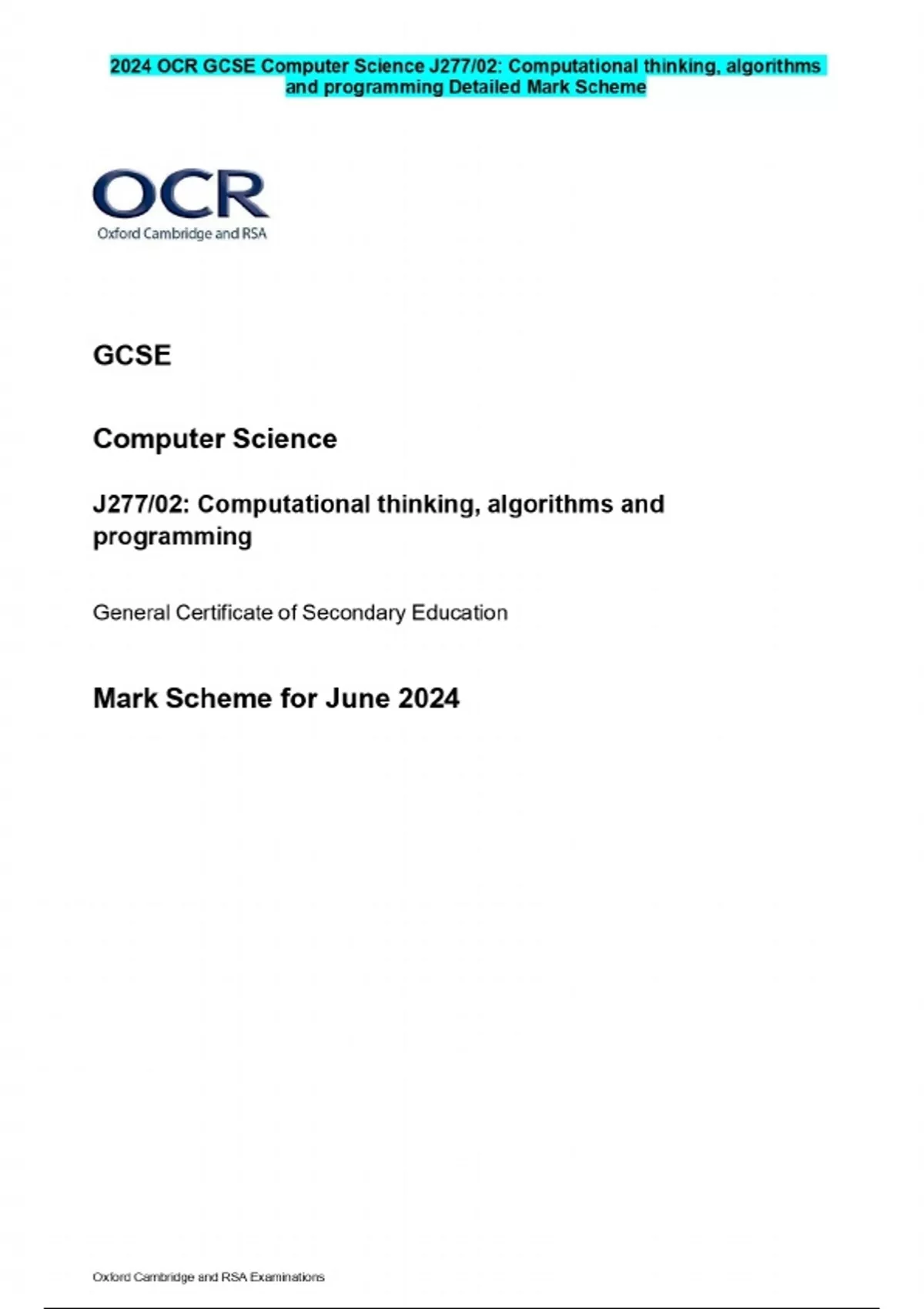 2024 OCR GCSE Computer Science J277/02: Computational thinking, algorithms and programming ...