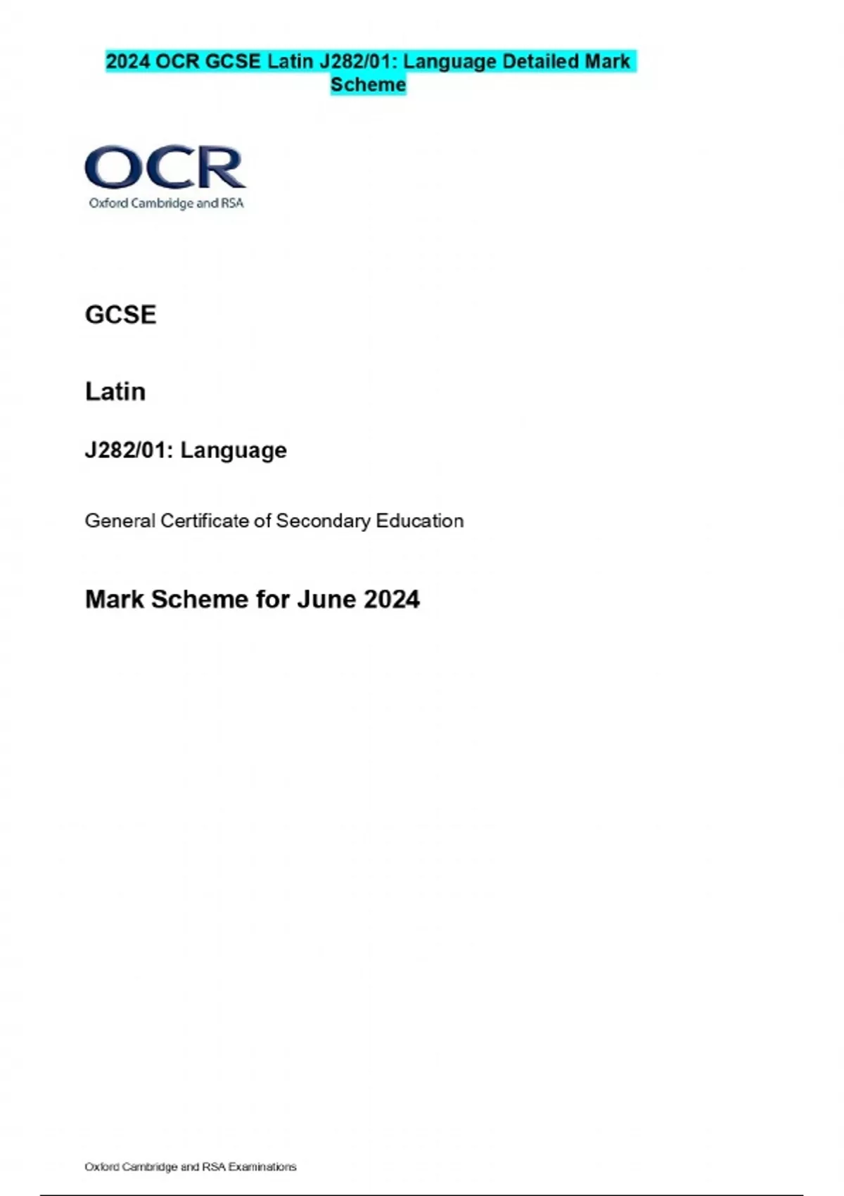 2024 OCR GCSE Latin J282/01: Language Detailed Mark Scheme - Ocr ms - Stuvia US