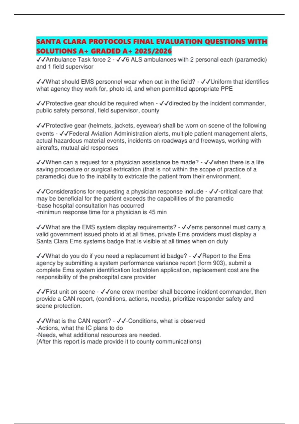 SANTA CLARA PROTOCOLS FINAL EVALUATION QUESTIONS WITH SOLUTIONS A+ ...