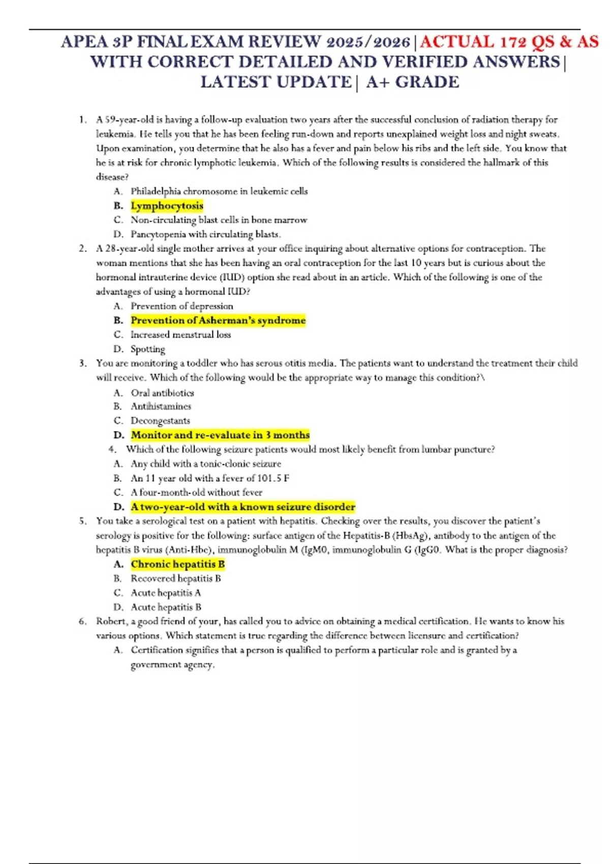 APEA 3P FINAL EXAM REVIEW 2025/2026|ACTUAL 172 QS & AS WITH CORRECT ...