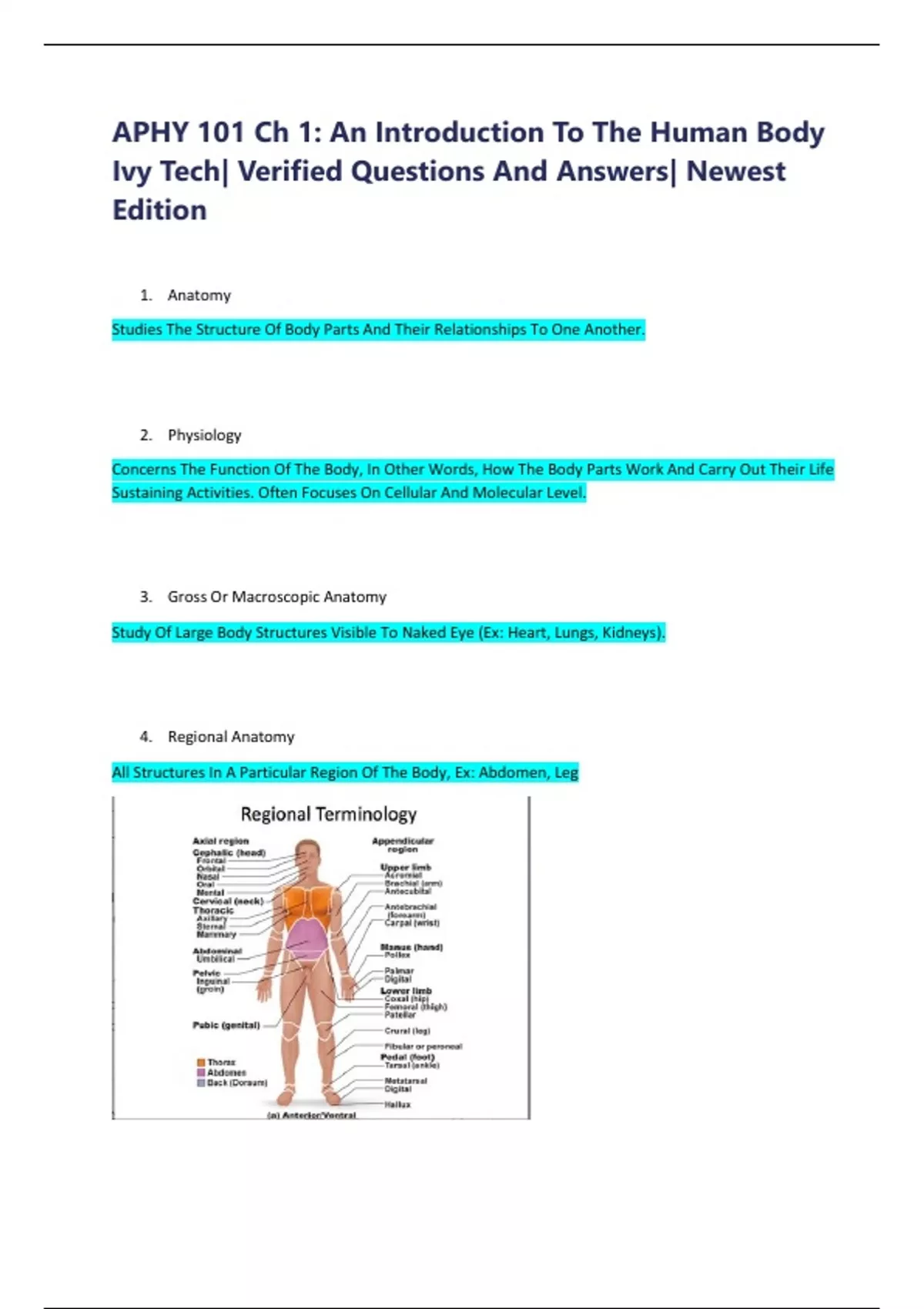 APHY 101 Ch 1: An Introduction To The Human Body Ivy Tech| Verified ...