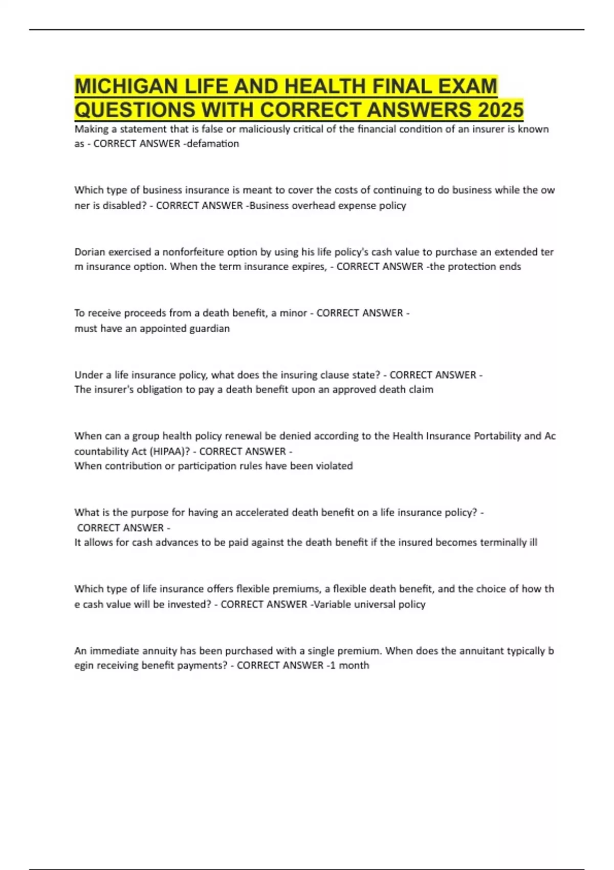 MICHIGAN LIFE AND HEALTH FINAL EXAM QUESTIONS WITH CORRECT ANSWERS 2025 ...