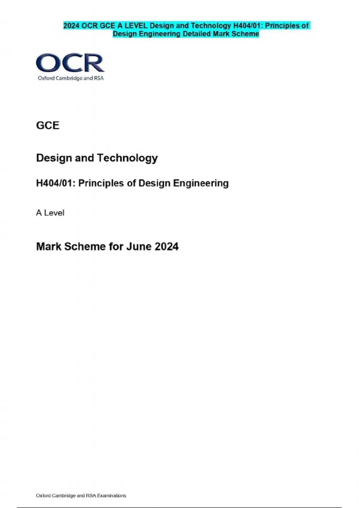2024 OCR GCE A LEVEL Design and Technology H404/01: Principles of Design Engineering Detailed ...