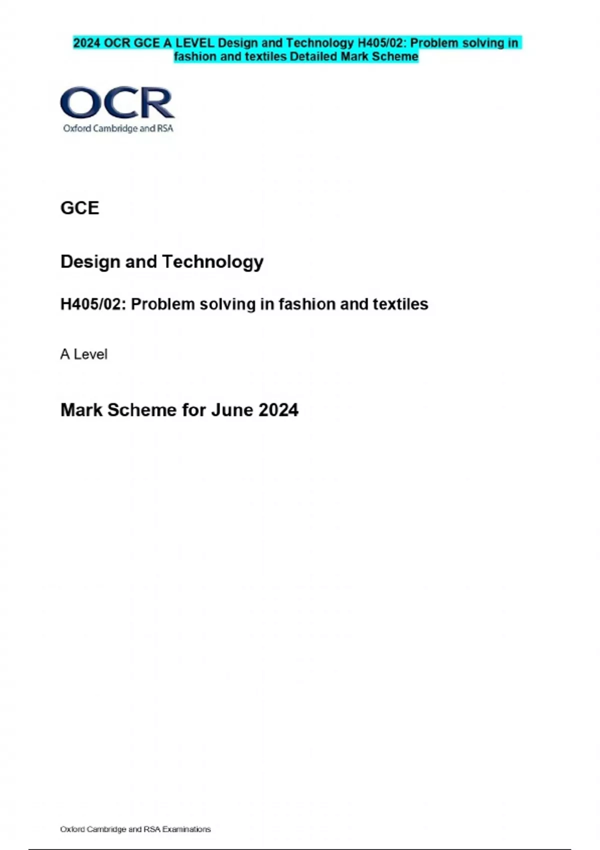 2024 OCR GCE A LEVEL Design and Technology H405/02: Problem solving in fashion and textiles ...
