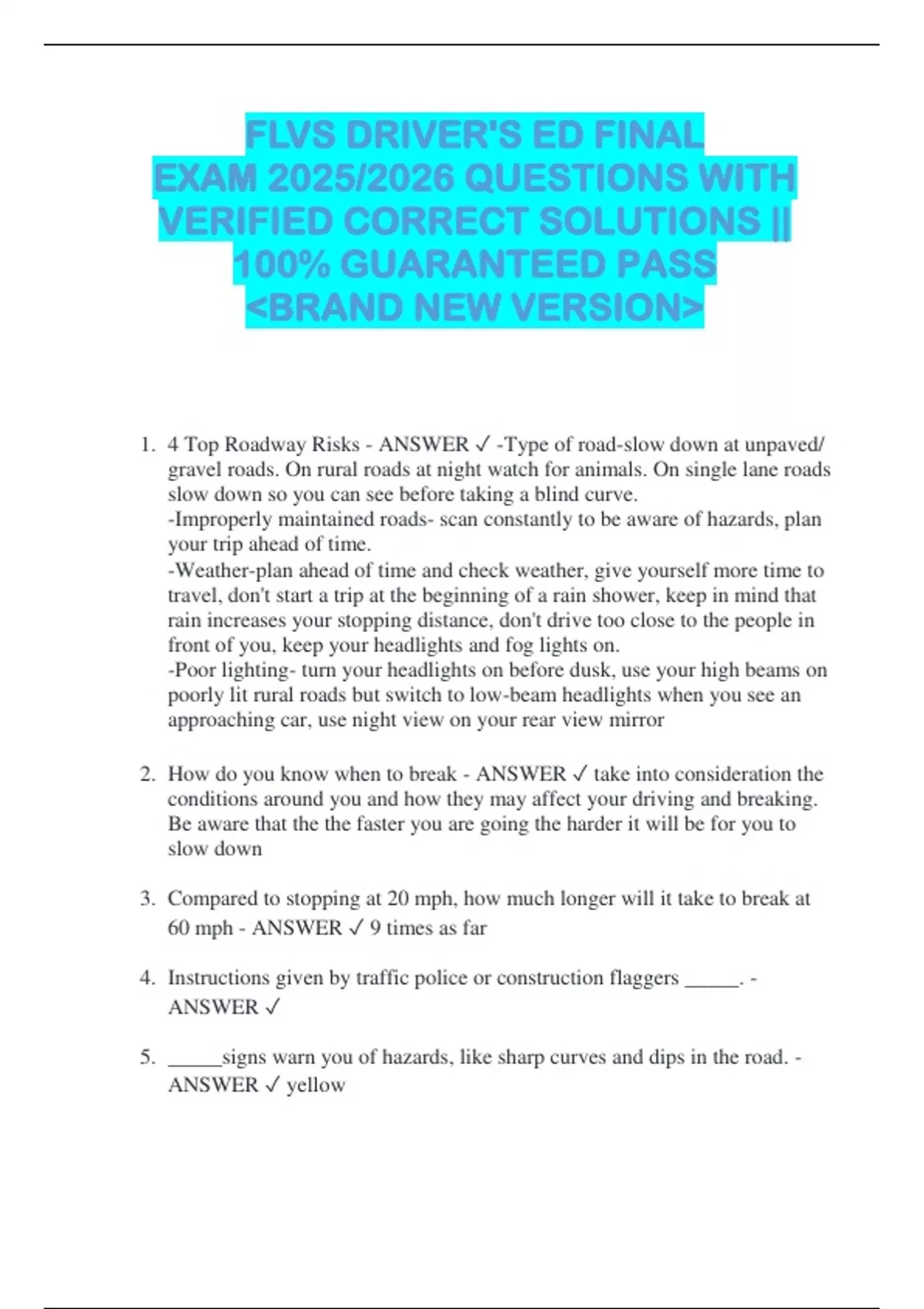 FLVS DRIVER'S ED FINAL EXAM 2025/2026 QUESTIONS WITH VERIFIED CORRECT SOLUTIONS || 100% ...