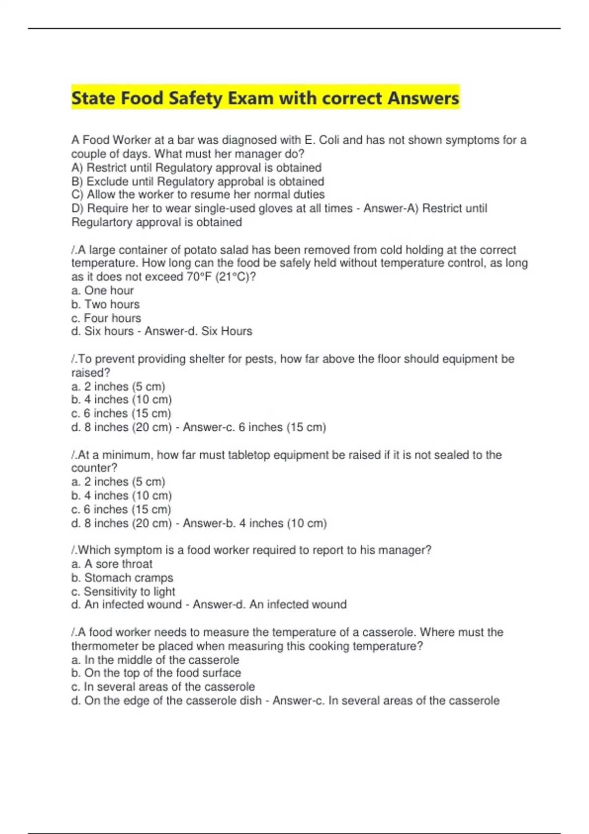 State Food Safety Exam with correct Answers - State Food Safety - Stuvia US