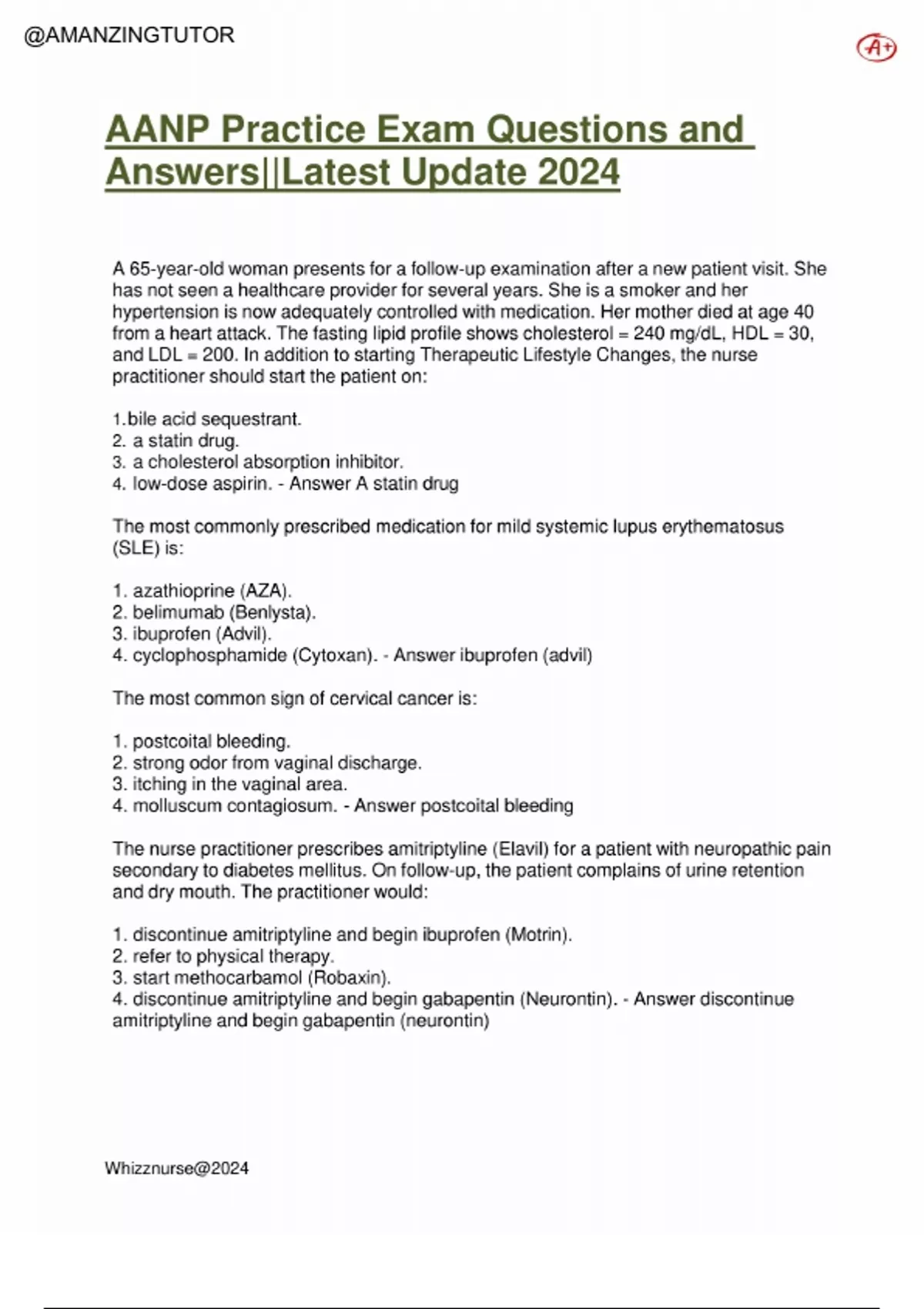 AANP ACTUAL EXAM QUESTIONS LATEST UPDATE 2024 WITH CORRECT DETAILED AND ...