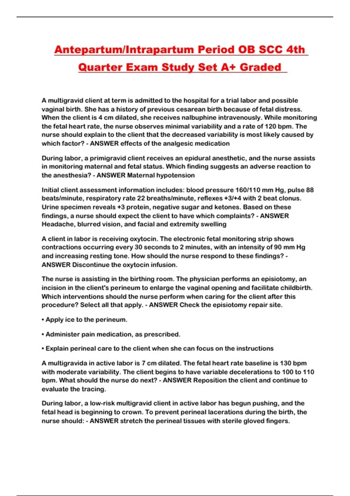 Antepartum/Intrapartum Period OB SCC 4th Quarter Exam Study Set A+ ...