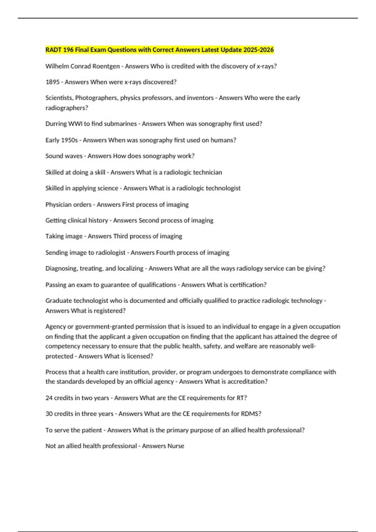 RADT 196 Final Exam Questions with Correct Answers Latest Update - RADT ...