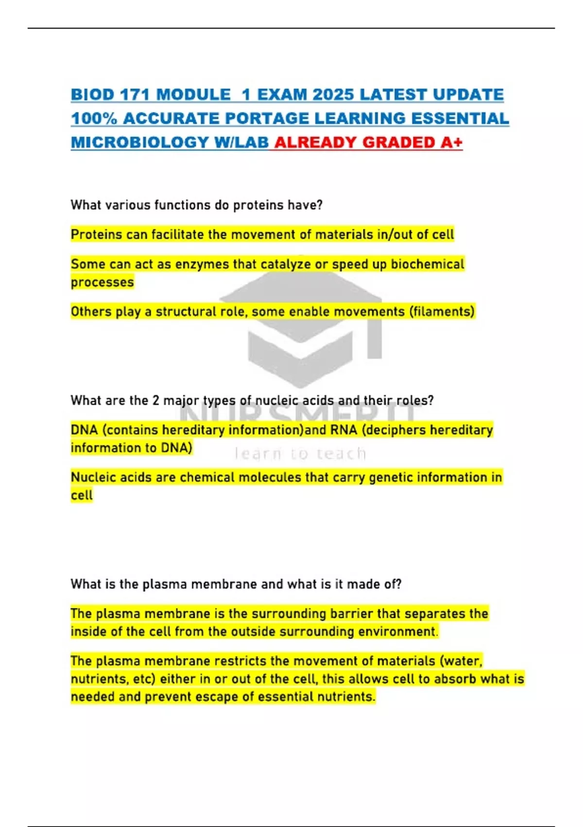 BIOD 171 MODULE 1 EXAM 2025 LATEST UPDATE 100% ACCURATE PORTAGE ...