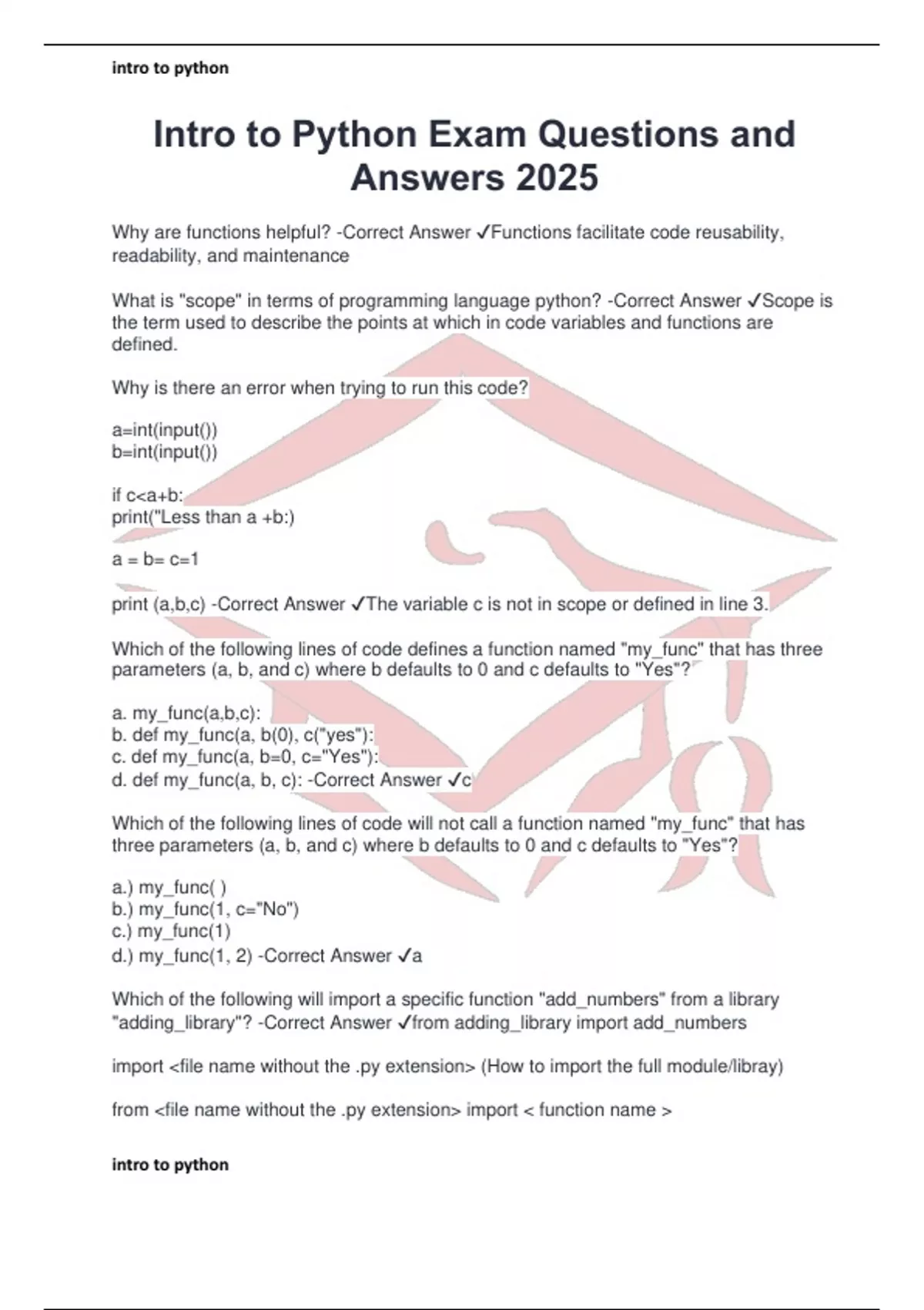 Intro to Python Exam Questions and Answers 2025 - Intro to Python - Stuvia US