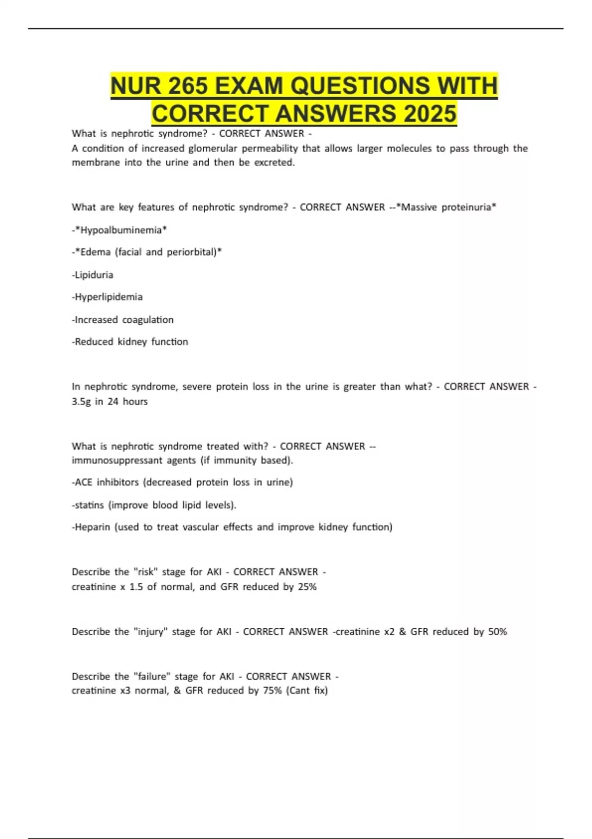 NUR 265 EXAM QUESTIONS WITH CORRECT ANSWERS 2025 - NUR 265/ NUR265 ...