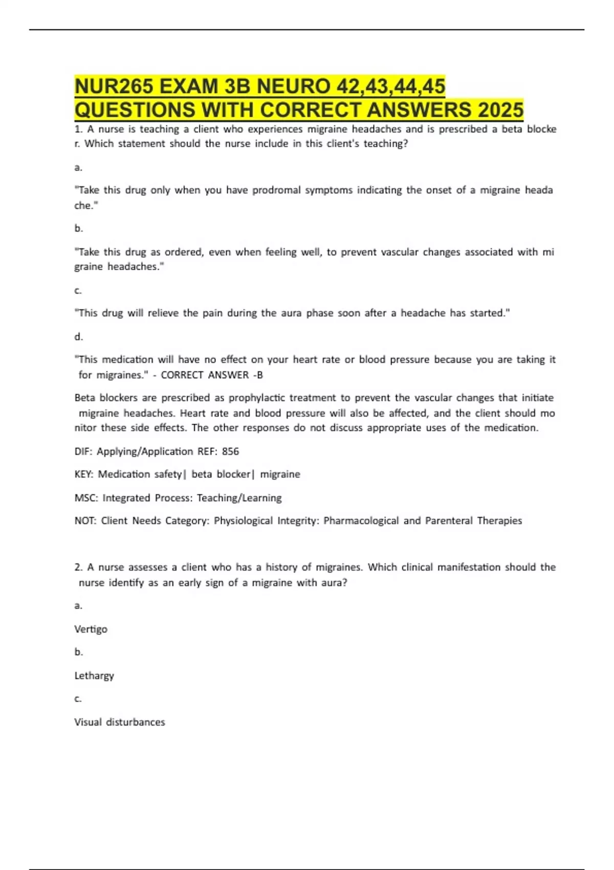 NUR265 EXAM 3B NEURO 42,43,44,45 QUESTIONS WITH CORRECT ANSWERS 2025 ...