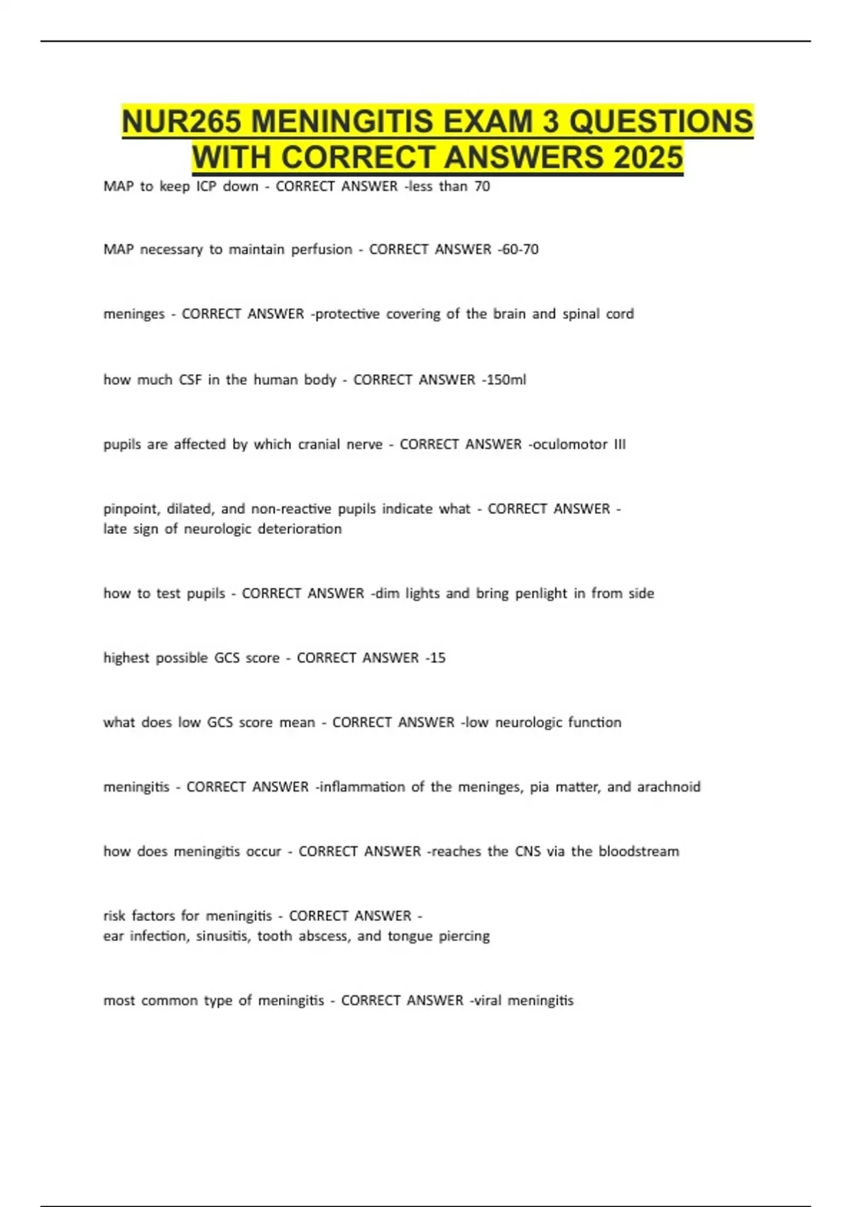 NUR265 MENINGITIS EXAM 3 QUESTIONS WITH CORRECT ANSWERS 2025 - NUR 265 ...