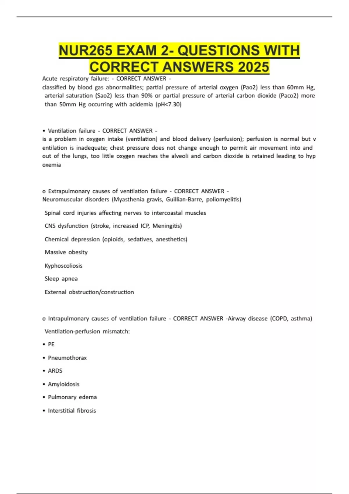 NUR265 EXAM 2- QUESTIONS WITH CORRECT ANSWERS 2025 - NUR 265/ NUR265 - Stuvia US