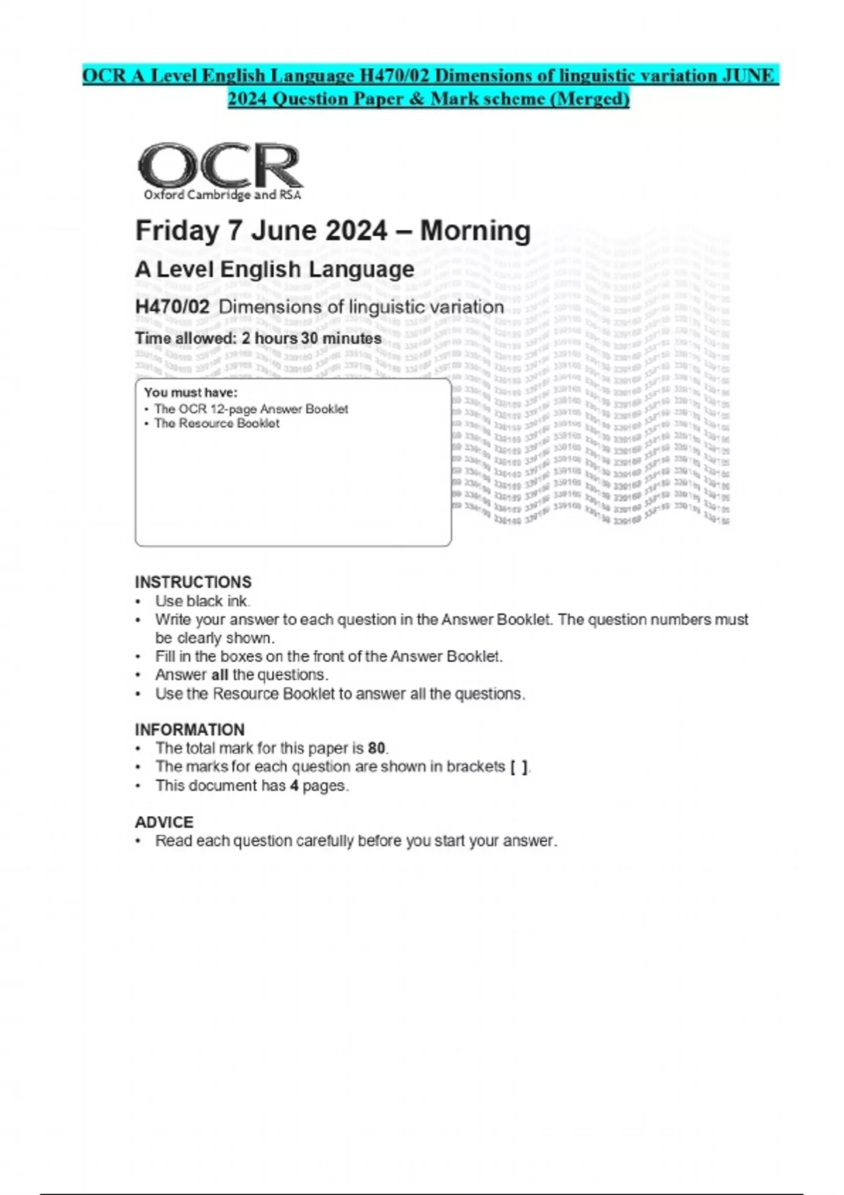 OCR A Level English Language H470/02 Dimensions of linguistic variation ...