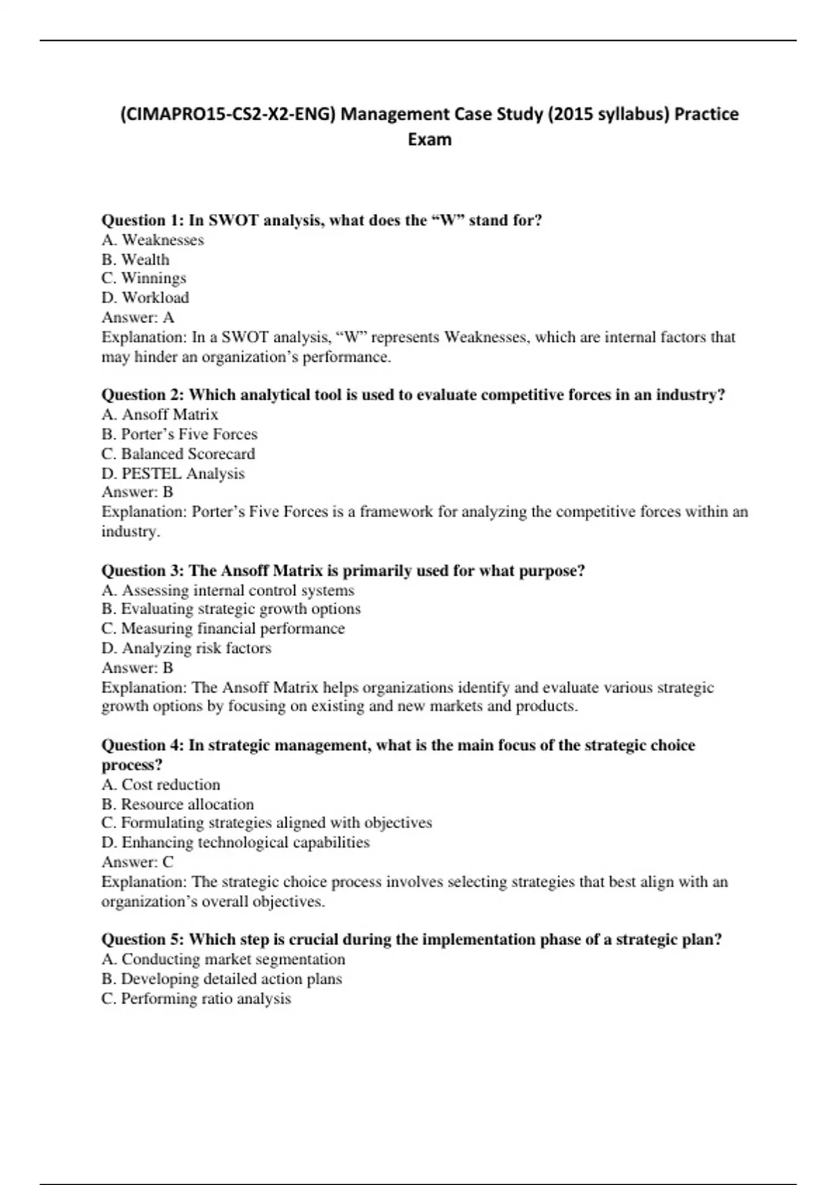 (CIMAPRO15-CS2-X2-ENG) Management Case Study (2015 syllabus) Practice ...