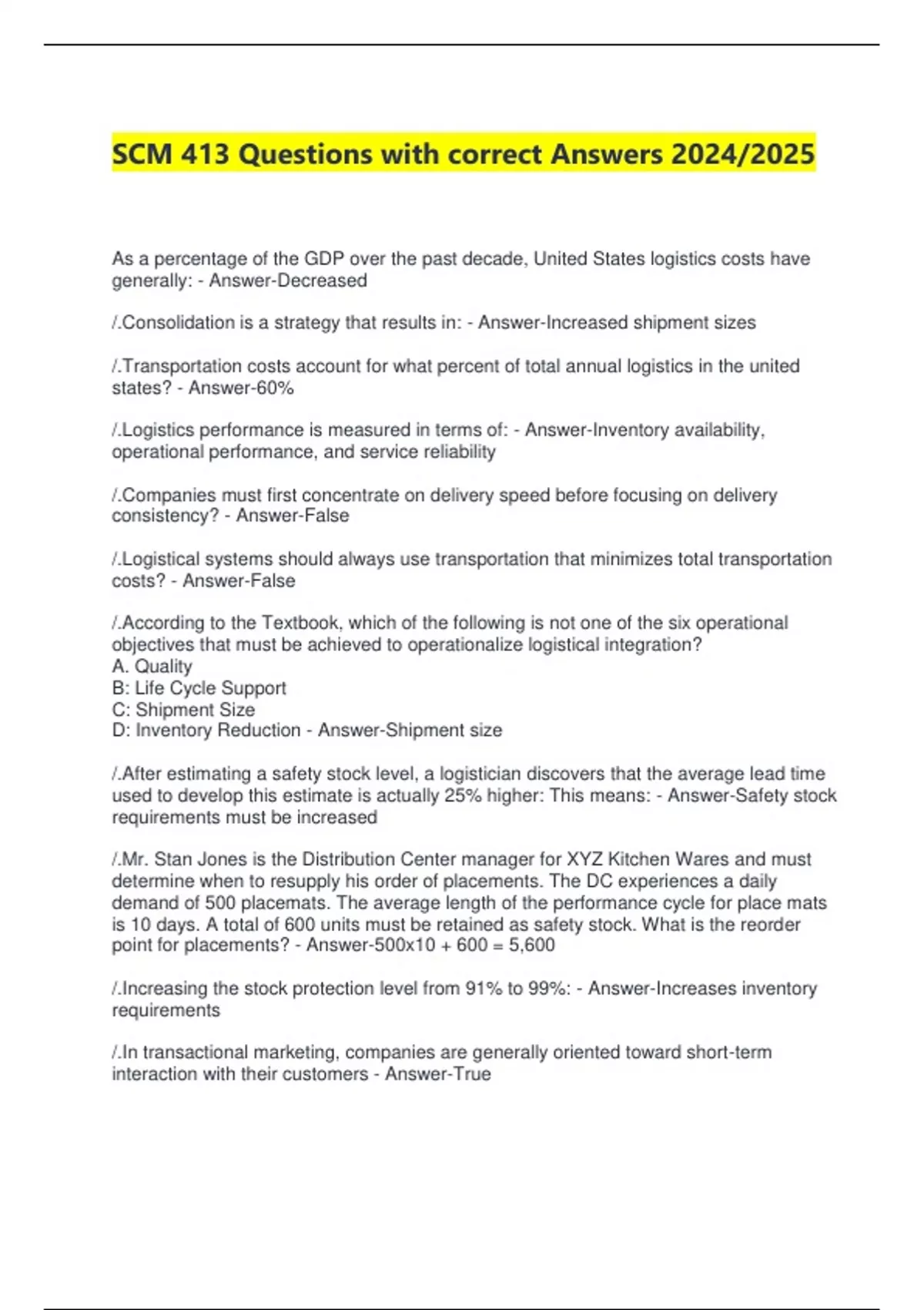 SCM 413 Questions with correct Answers 2024/2025 - SCM 413 - Stuvia US