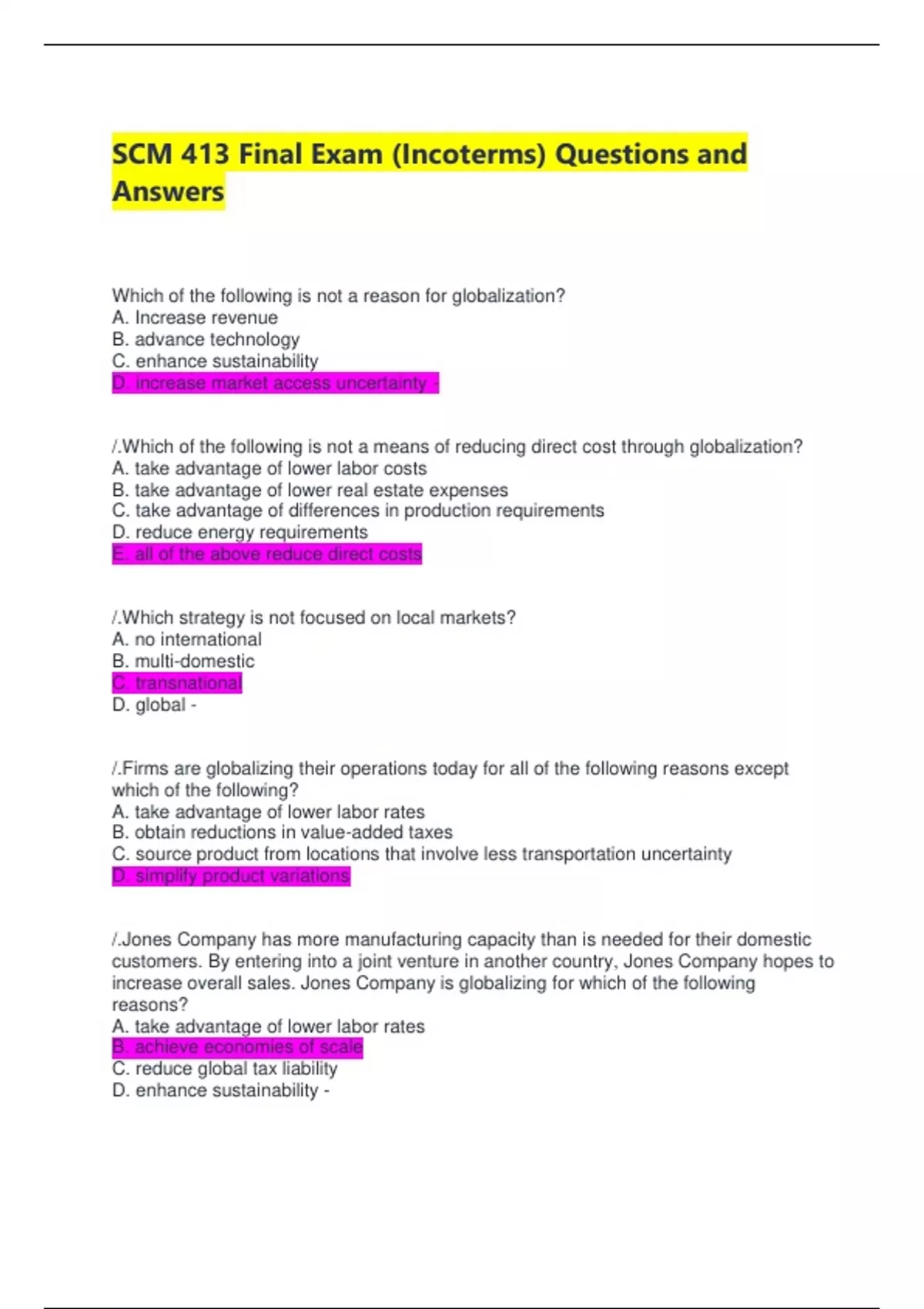 SCM 413 Final Exam (Incoterms) Questions and Answers - SCM 413 - Stuvia US