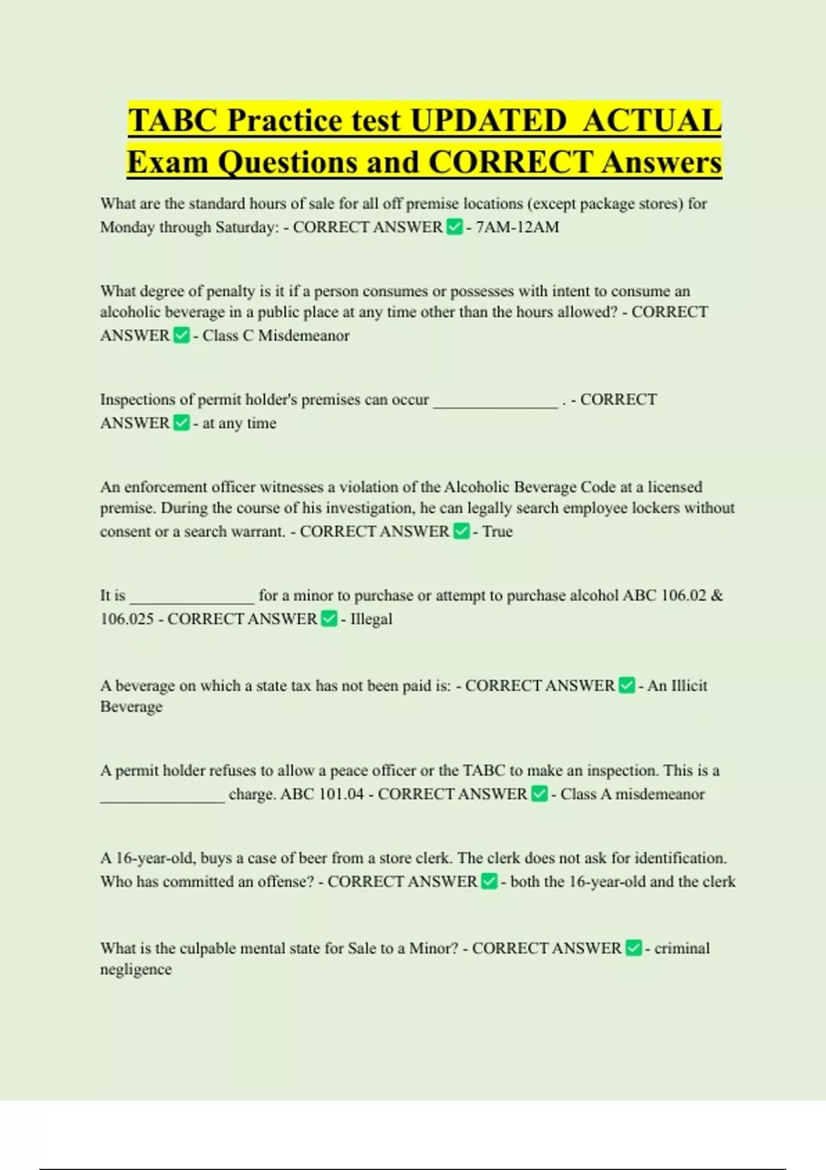 Tabc Practice Test Updated Actual Exam Questions And Correct Answers Tabc Stuvia Us