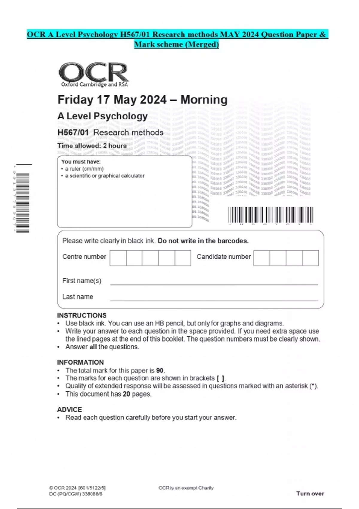 OCR A Level Psychology H567/01 Research methods MAY 2024 Question Paper ...