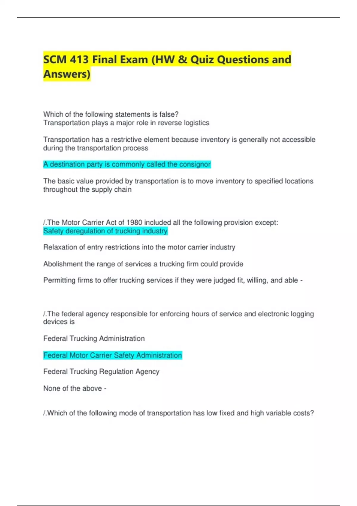 SCM 413 Final Exam (HW & Quiz Questions and Answers) - SCM 413 - Stuvia US