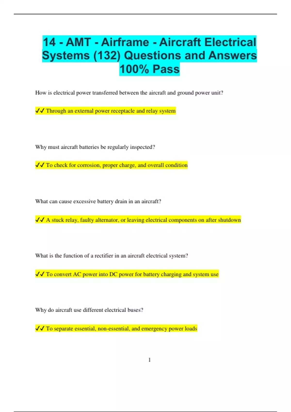 14 - AMT - Airframe - Aircraft Electrical Systems (132) Questions and ...