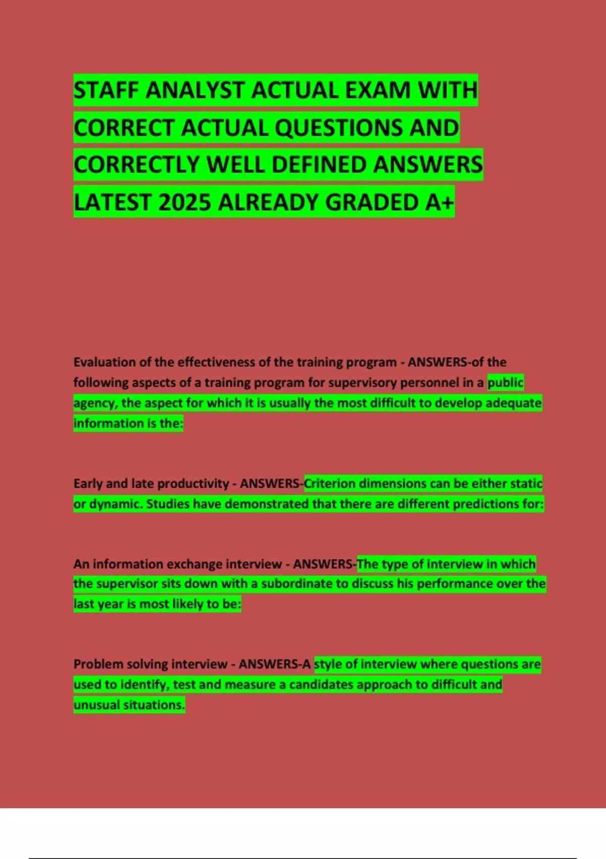 STAFF ANALYST ACTUAL EXAM WITH CORRECT ACTUAL QUESTIONS AND CORRECTLY ...