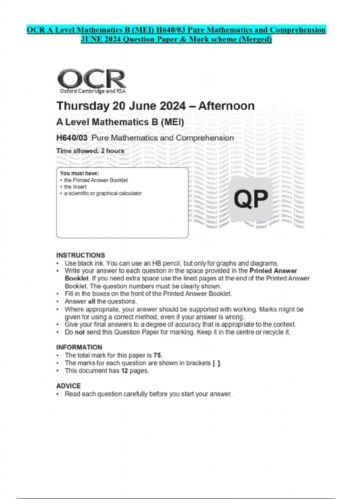 OCR A Level Mathematics B (MEI) H640/03 Pure Mathematics and ...