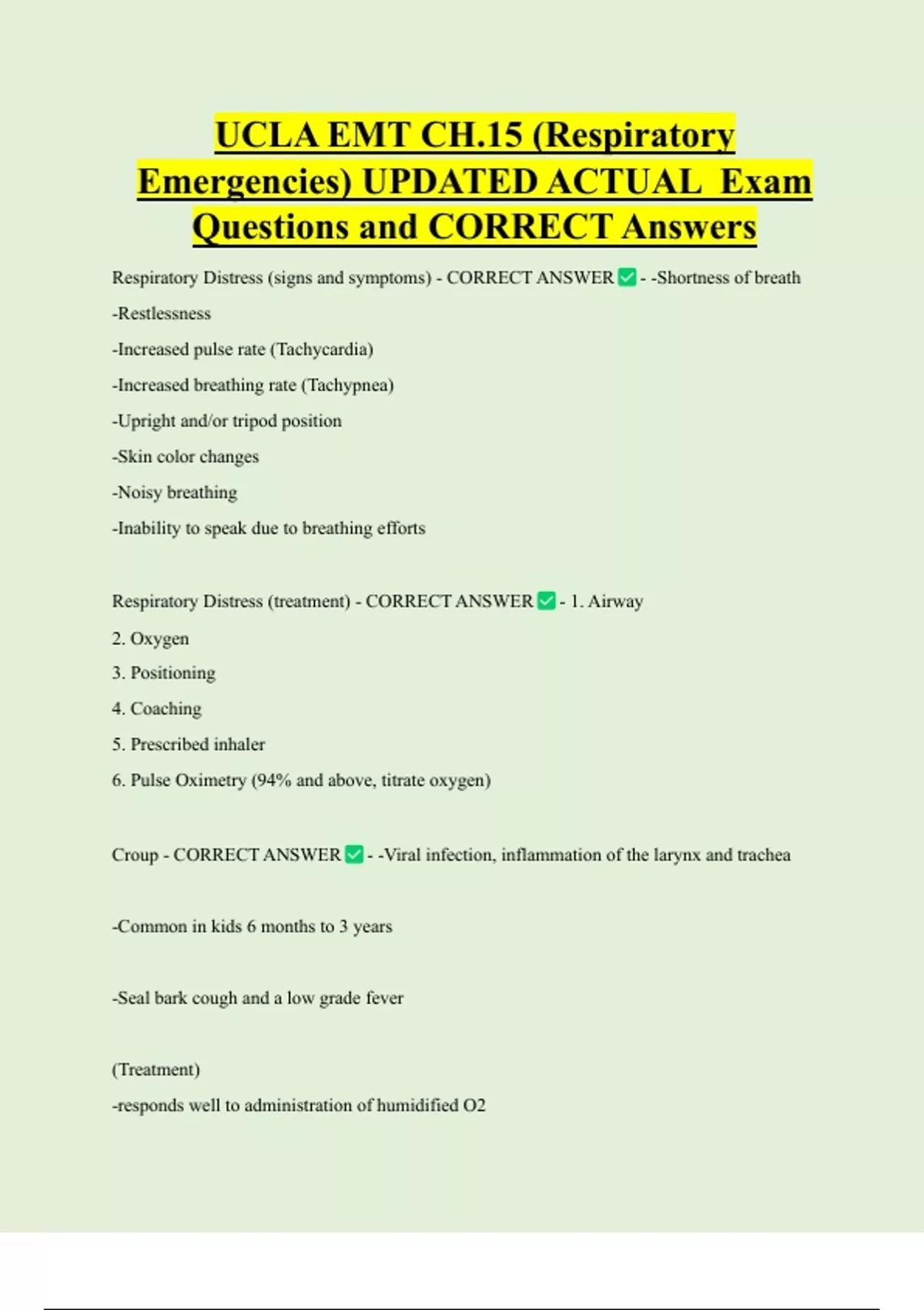UCLA EMT CH.15 (Respiratory Emergencies) UPDATED ACTUAL Exam Questions ...