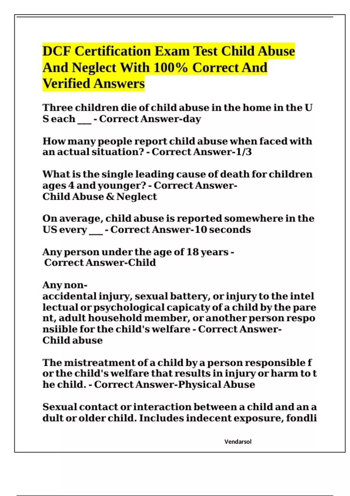DCF Certification Exam Test Child Abuse And Neglect With 100% Correct ...