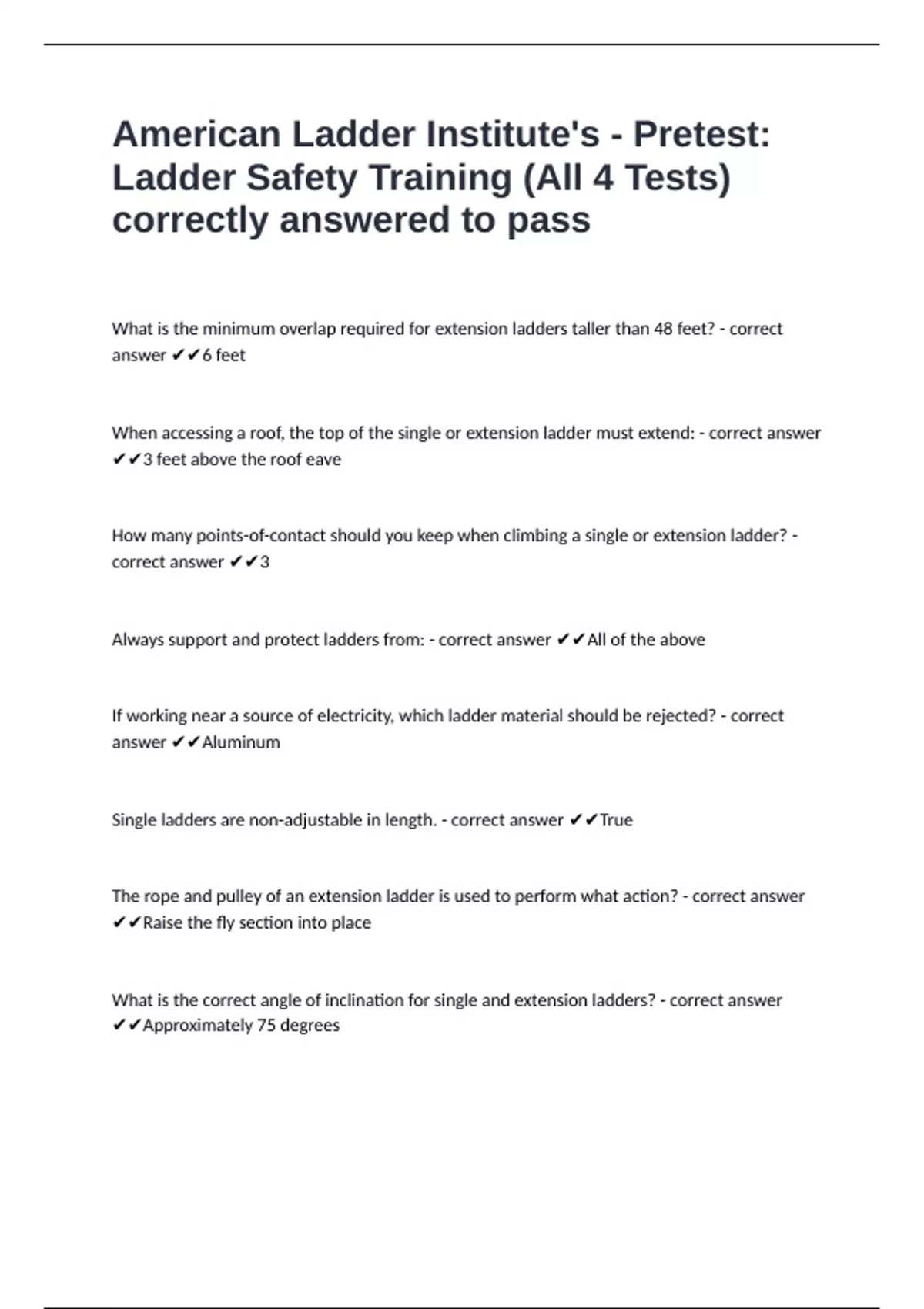 American Ladder Institute's - Pretest: Ladder Safety Training (All 4 ...