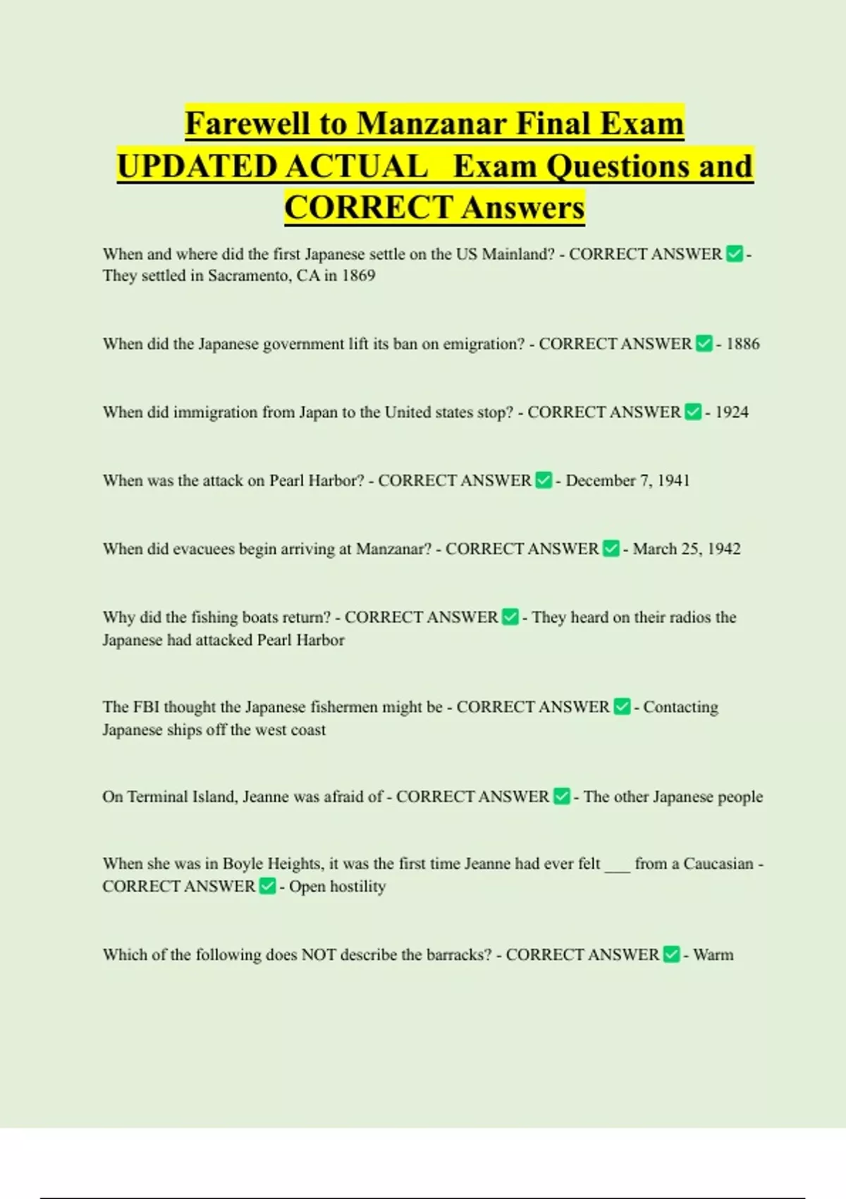 Farewell to Manzanar Final Exam UPDATED ACTUAL Exam Questions and ...
