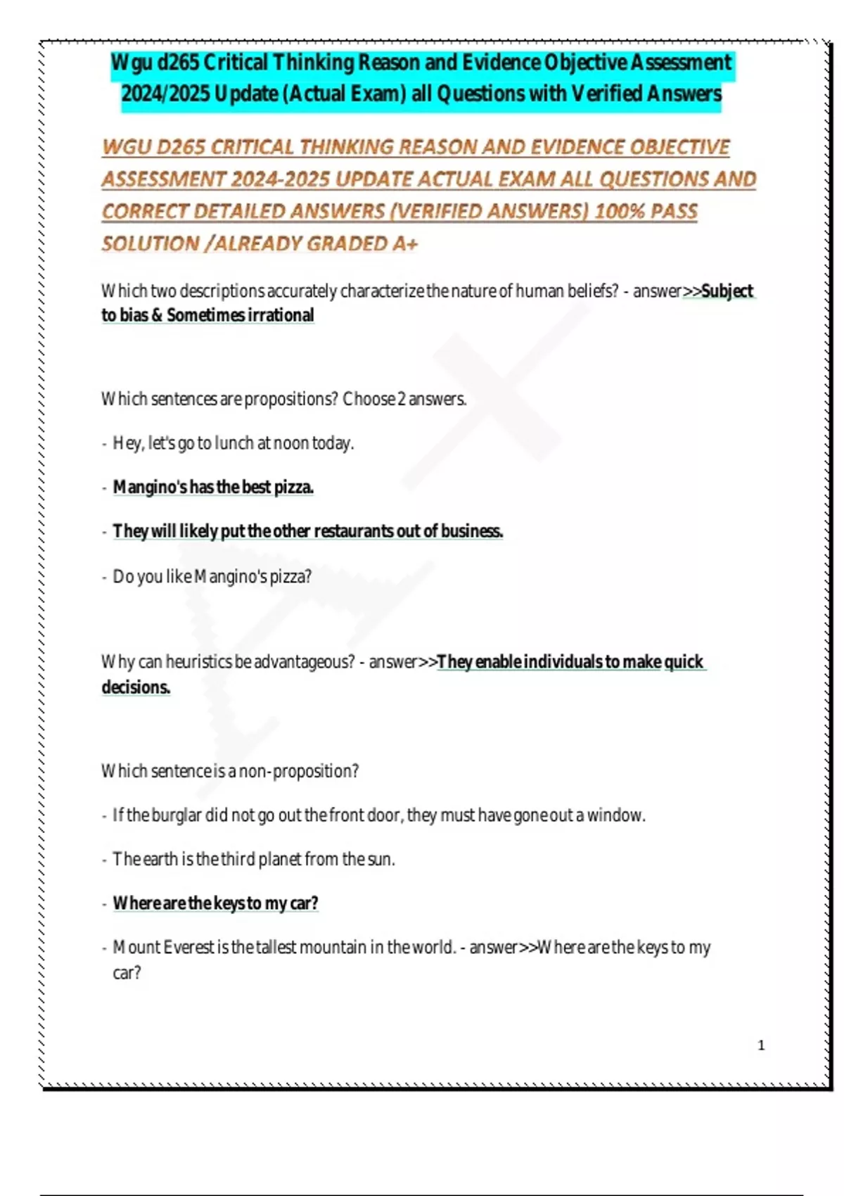 Wgu d265 Critical Thinking Reason and Evidence Objective Assessment ...