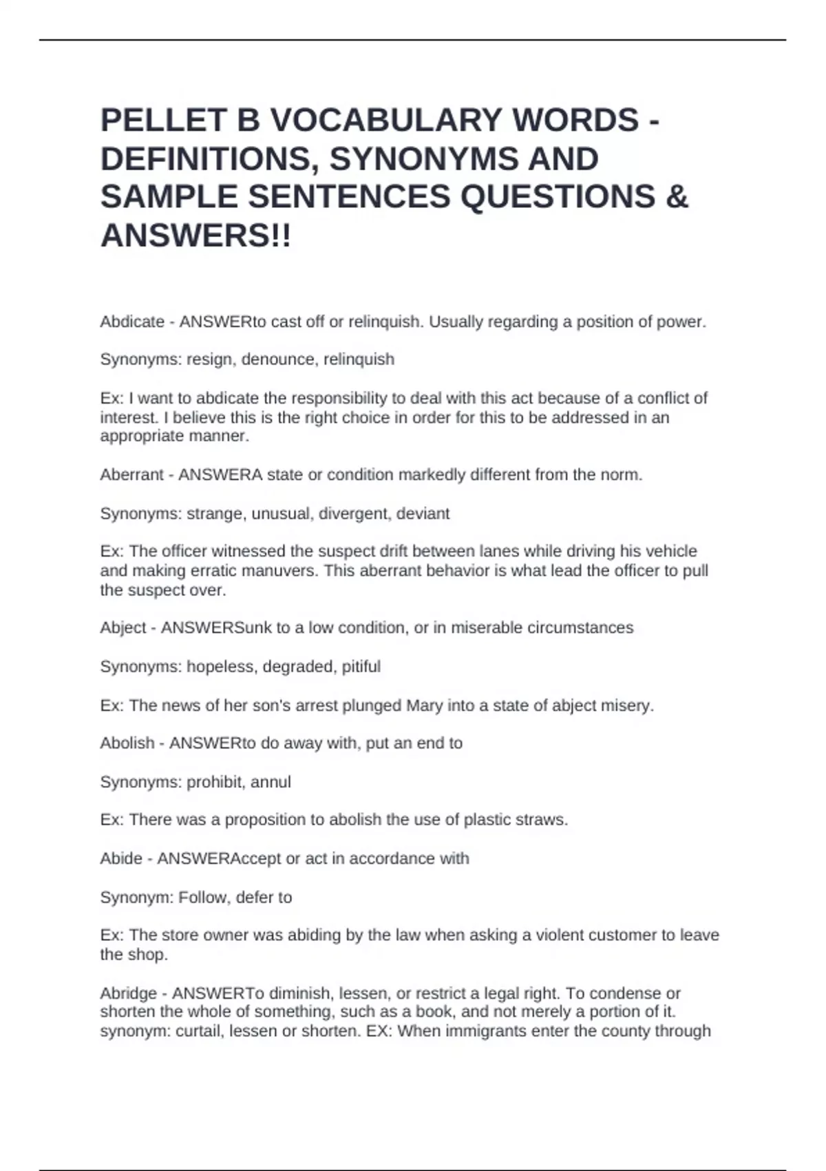 PELLET B VOCABULARY WORDS - DEFINITIONS, SYNONYMS AND SAMPLE SENTENCES ...