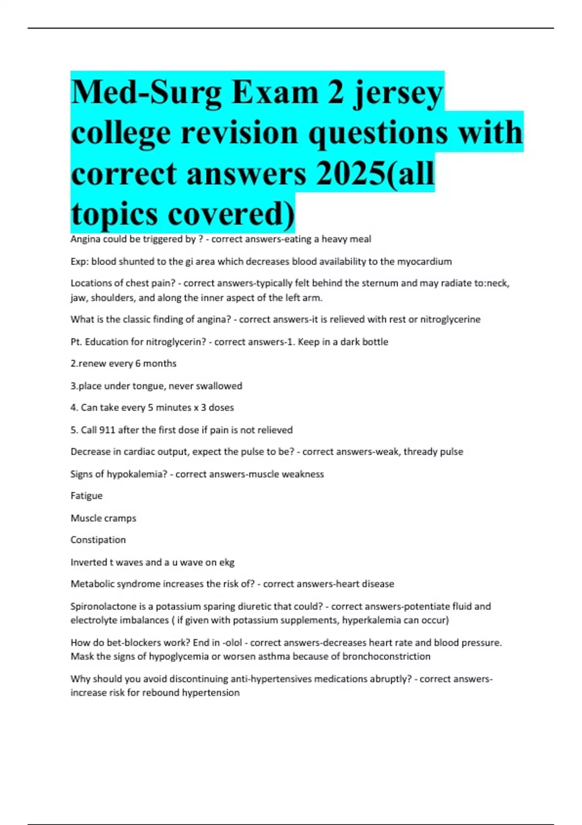 Med-Surg Exam 2 jersey college revision questions with correct answers ...