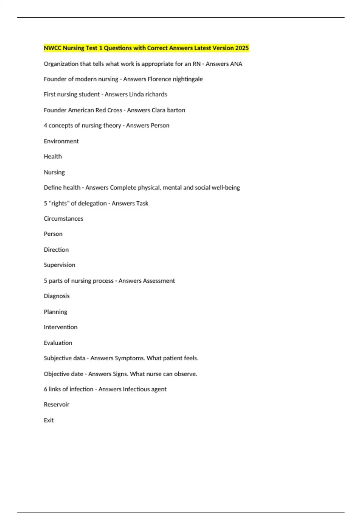 NWCC Nursing Test 1 Questions with Correct Answers Latest Version 2025 ...