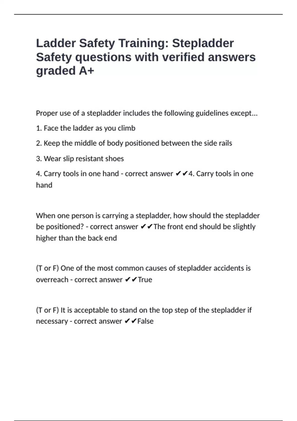 Ladder Safety Training: Stepladder Safety questions with verified ...
