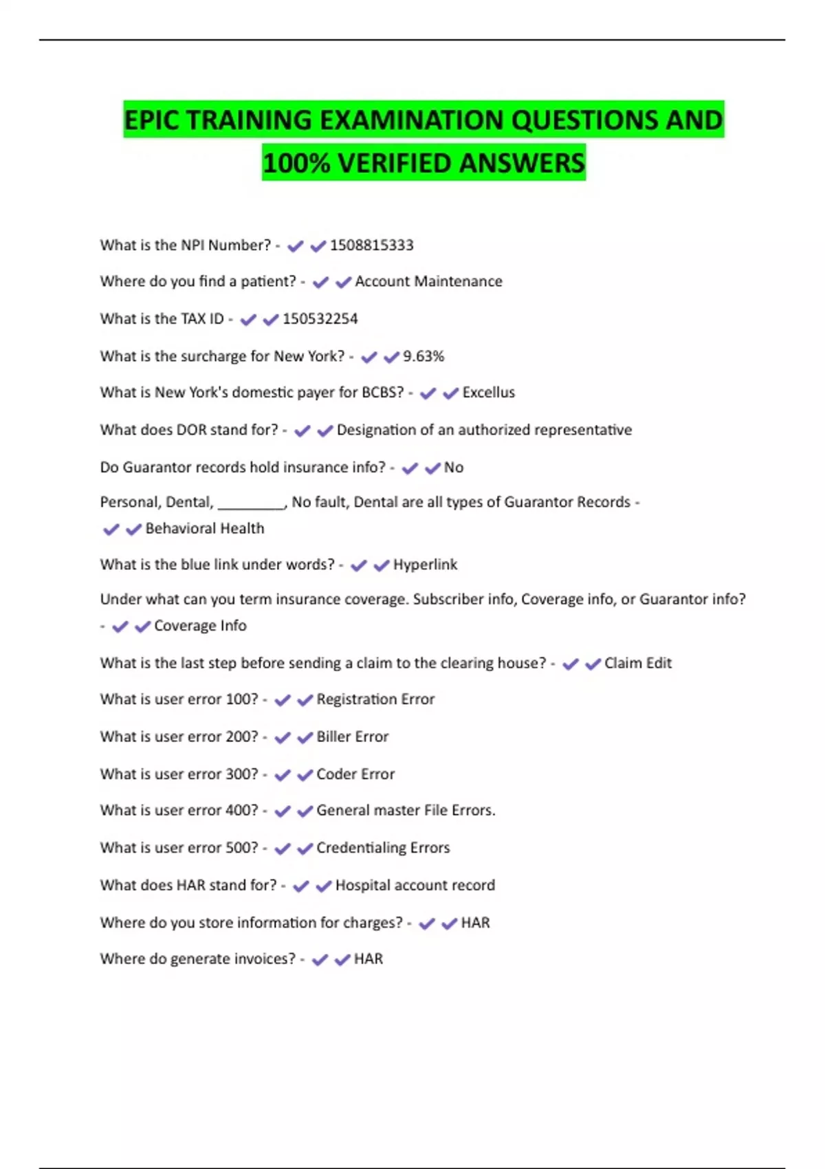 EPIC TRAINING EXAMINATION QUESTIONS AND 100% VERIFIED ANSWERS - EPIC - Stuvia US