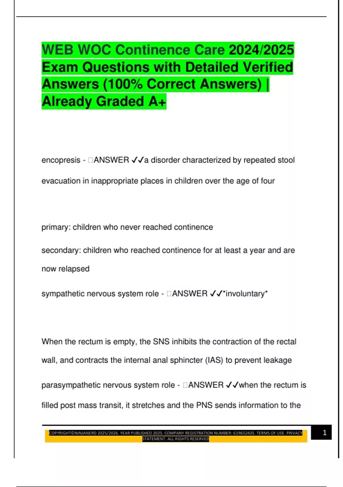 WEB WOC Continence Care 2024/2025 Exam Questions with Detailed Verified Answers (100% Correct ...