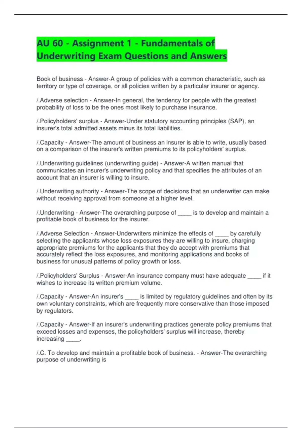 AU 60 - Assignment 1 - Fundamentals of Underwriting Exam Questions and ...