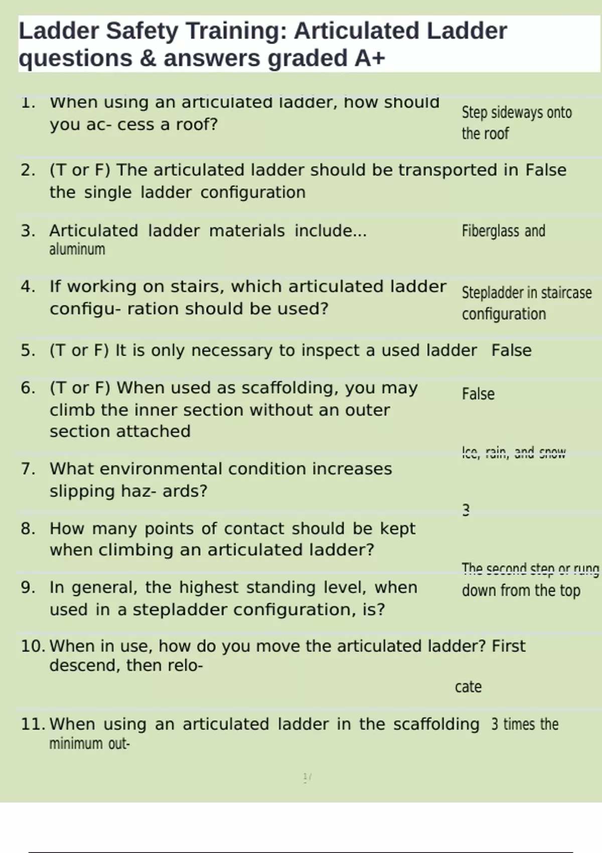 Ladder Safety Training: Articulated Ladder questions & answers graded ...