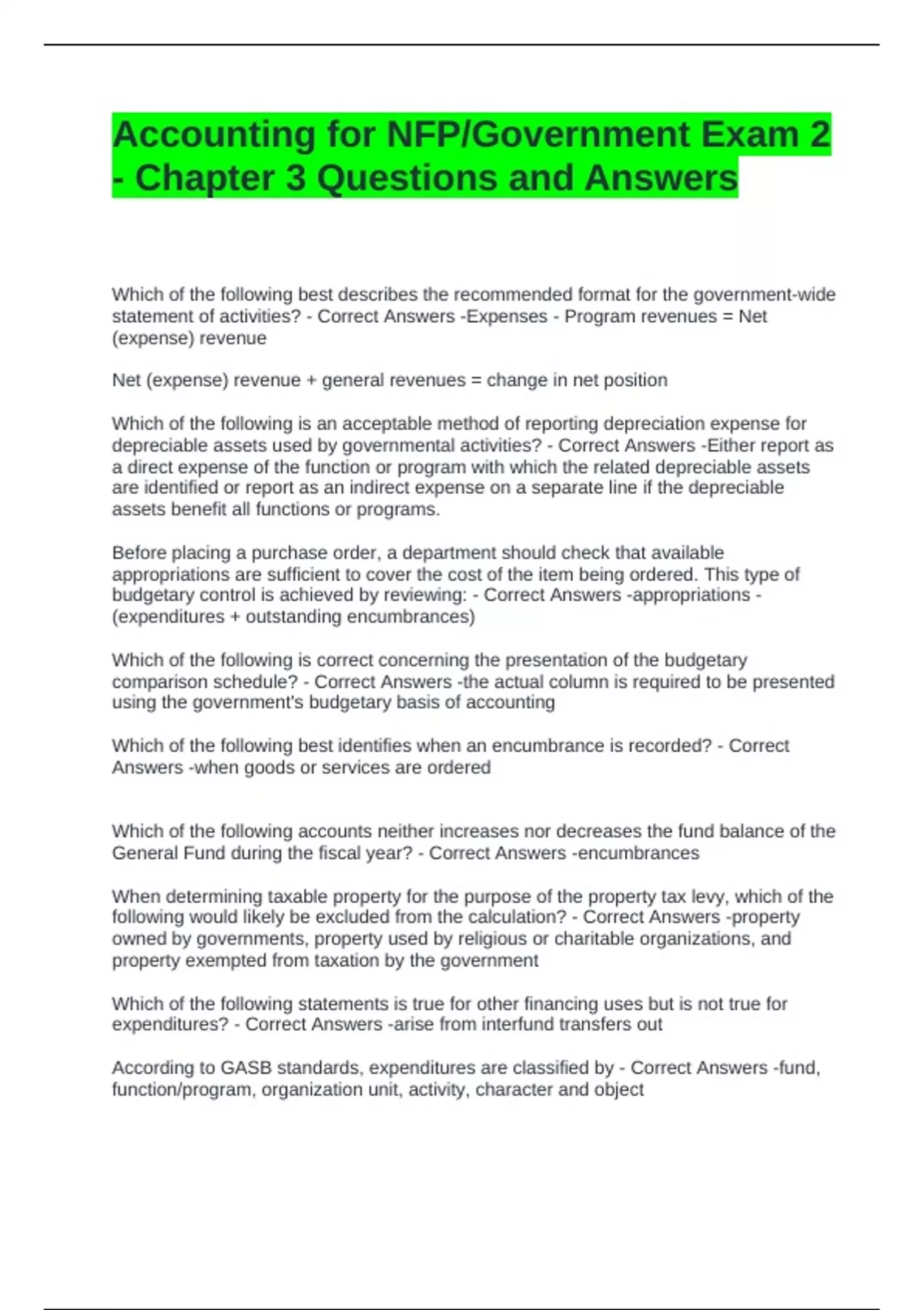 Accounting for NFP-Government Exam 2 - Chapter 3 Questions and Answers ...