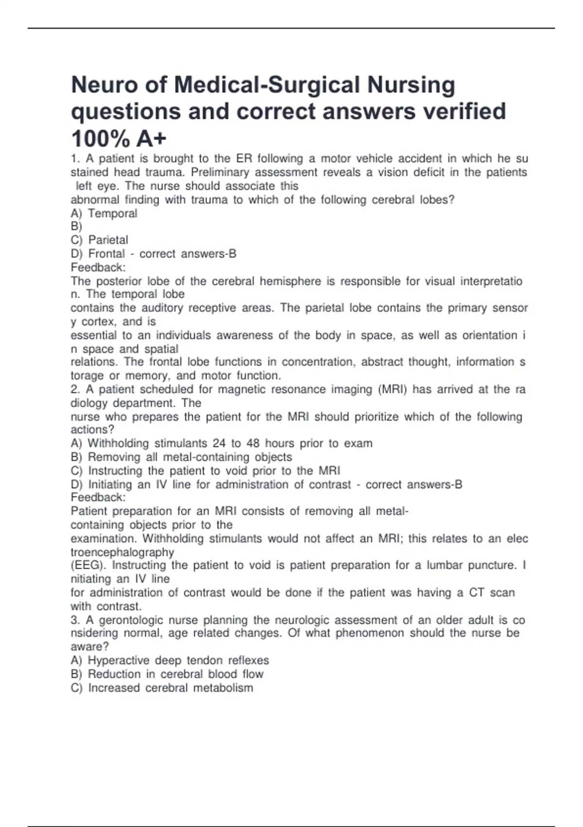 Neuro of Medical-Surgical Nursing questions and correct answers ...