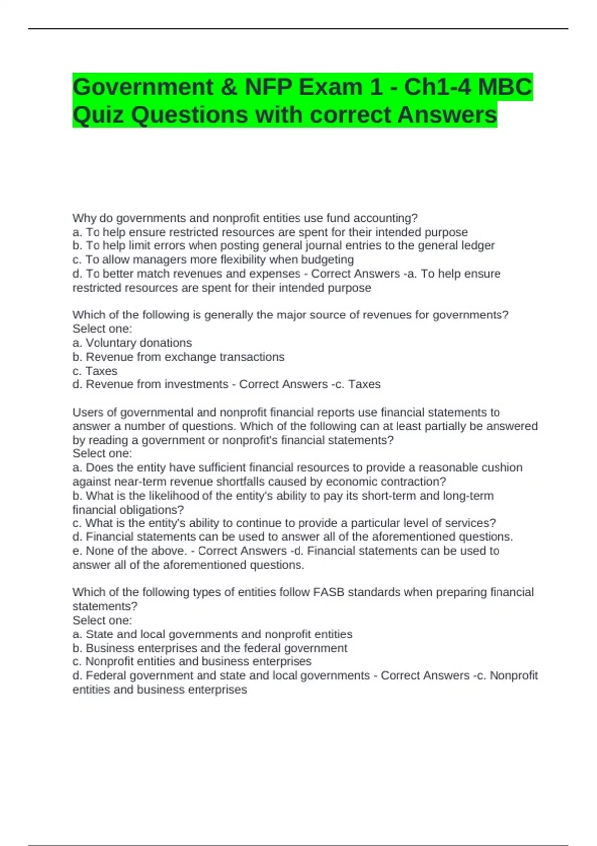 Government & NFP Exam 1 - Ch1-4 MBC Quiz Questions with correct Answers ...