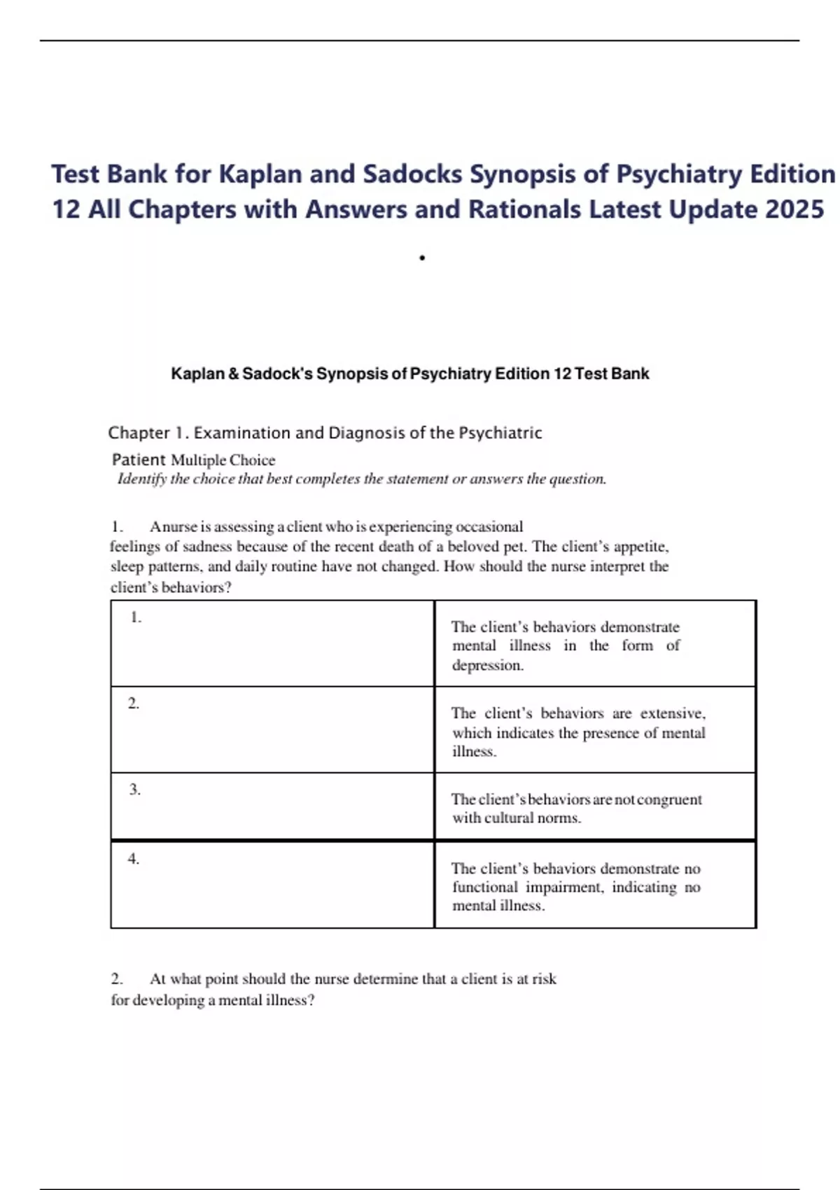 Test Bank for Kaplan and Sadocks Synopsis of Psychiatry Edition 12 All ...