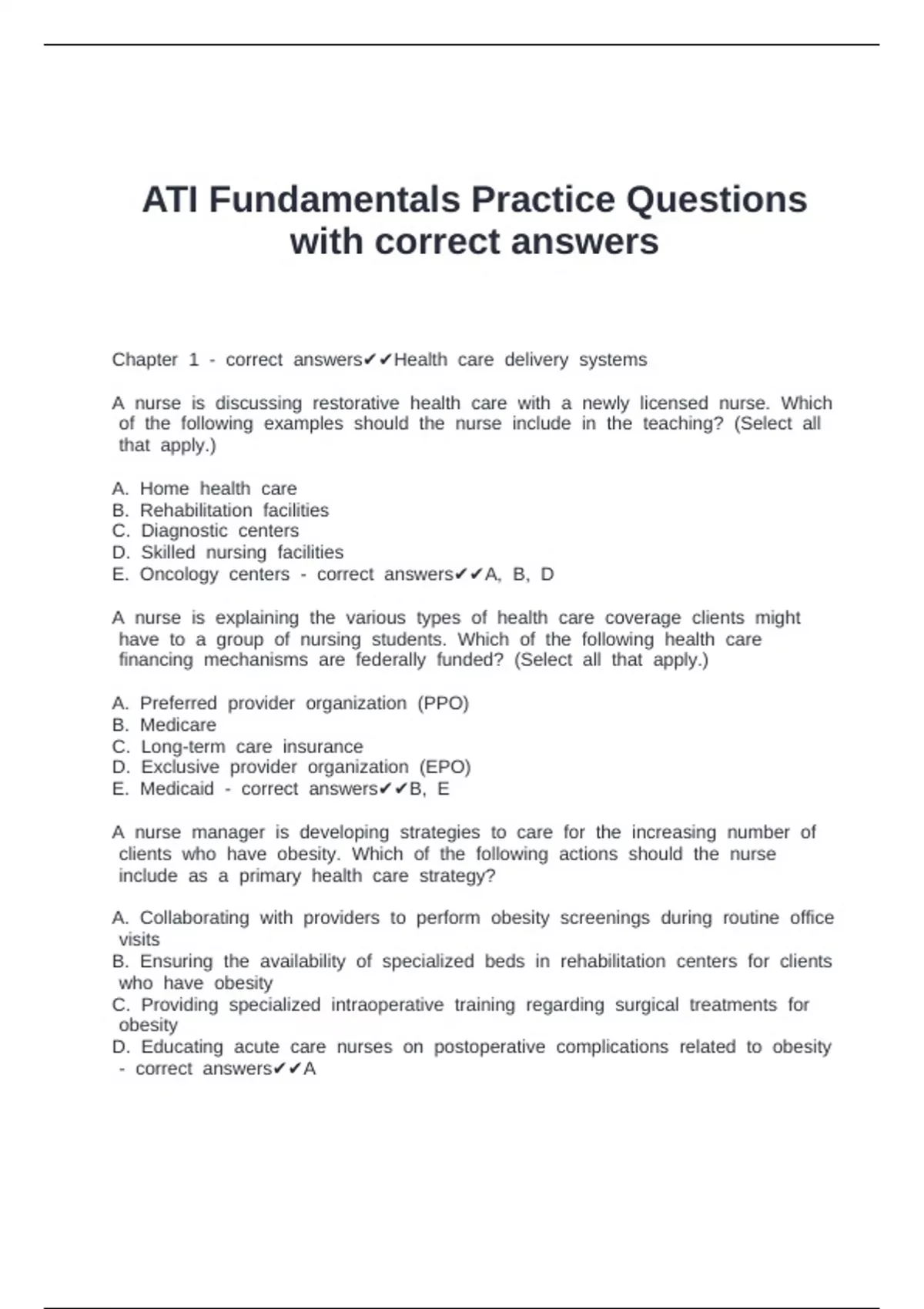 ATI Fundamentals Practice Questions with correct answers - ATI RN ...