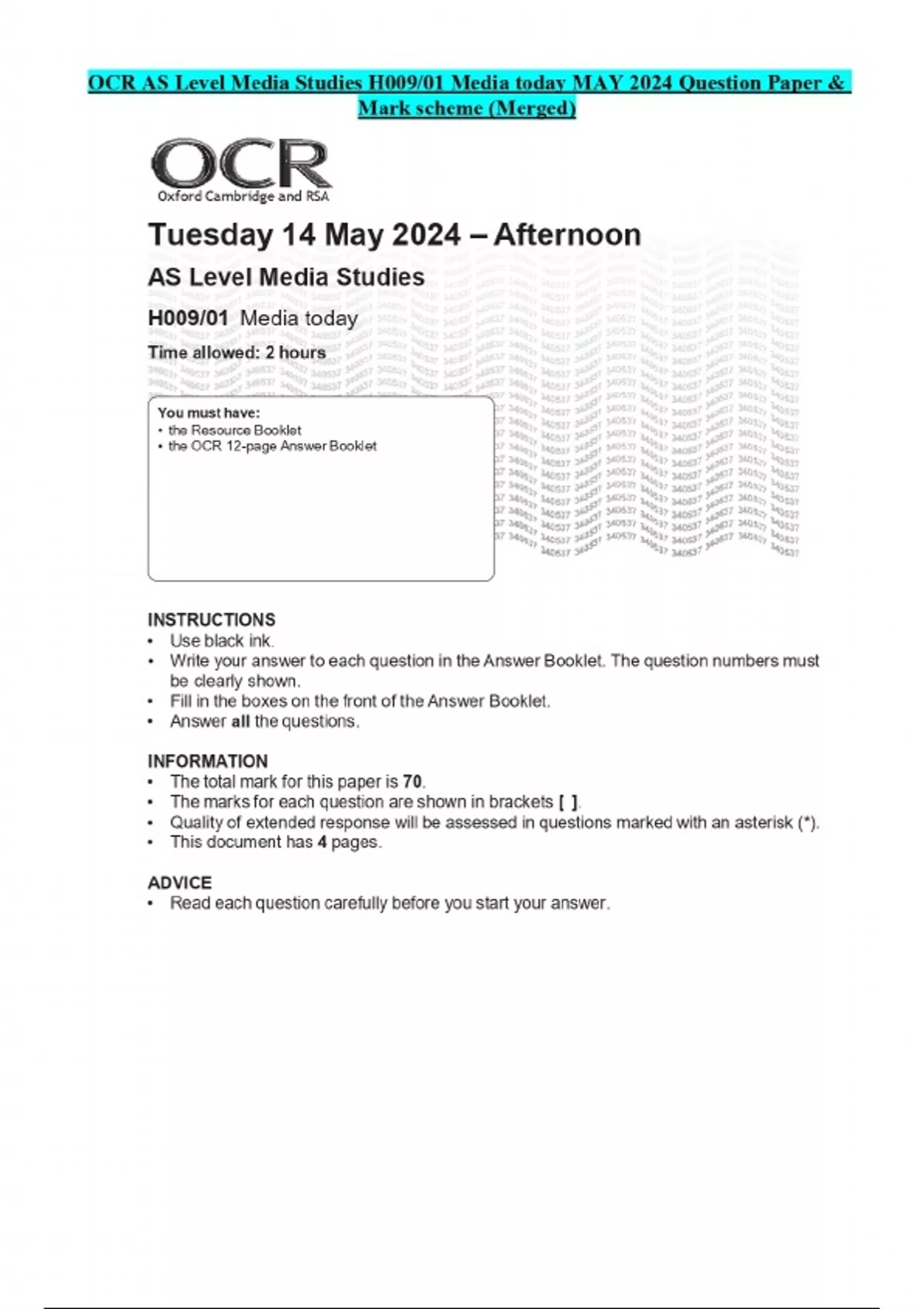 OCR AS Level Media Studies H009/01 Media today MAY 2024 Question Paper ...