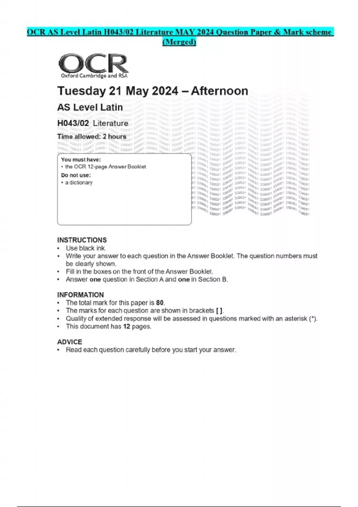 OCR AS Level Latin H043/02 Literature MAY 2024 Question Paper & Mark ...